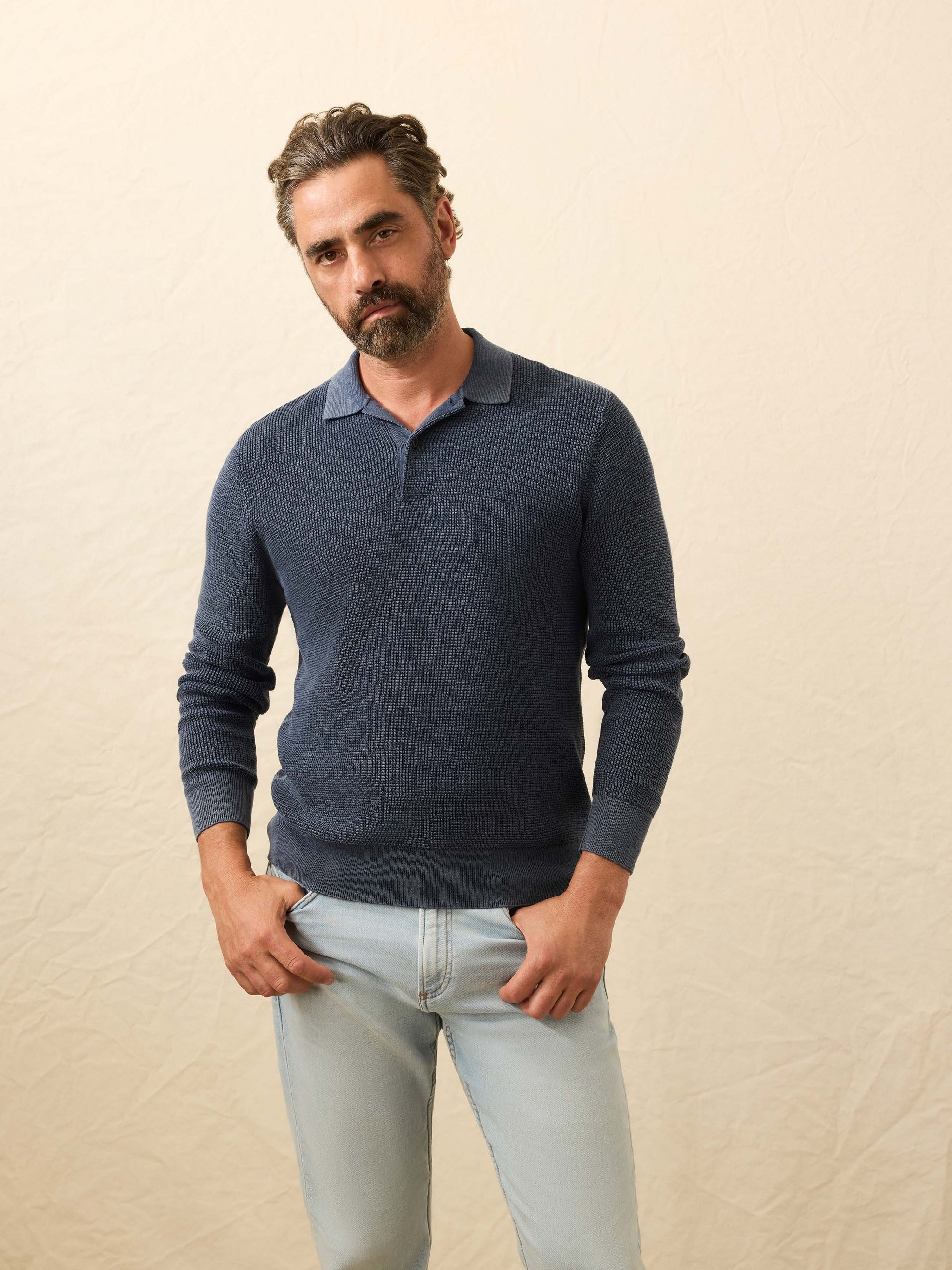 Long-Sleeve Sunwashed Sweater Polo - Blue Nights